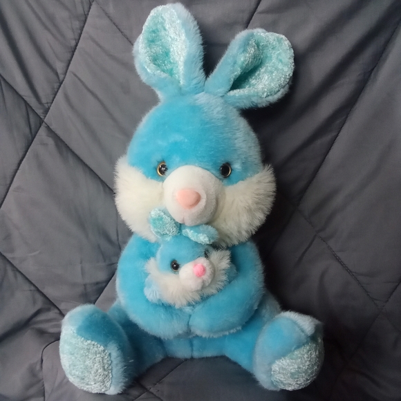 Source Unknown | Toys | Vintage Blue Fluffy Hugging Bunnies Plush Fuzzy ...